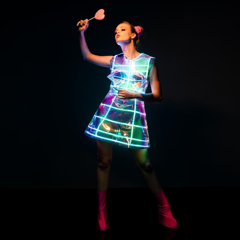 Hologram vinyl LED light up rainbow Cage dress outfit - by ETERESHOP