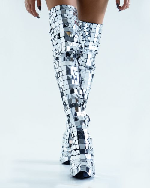 Silver Long Mirror Evening Dress with disco ball effect