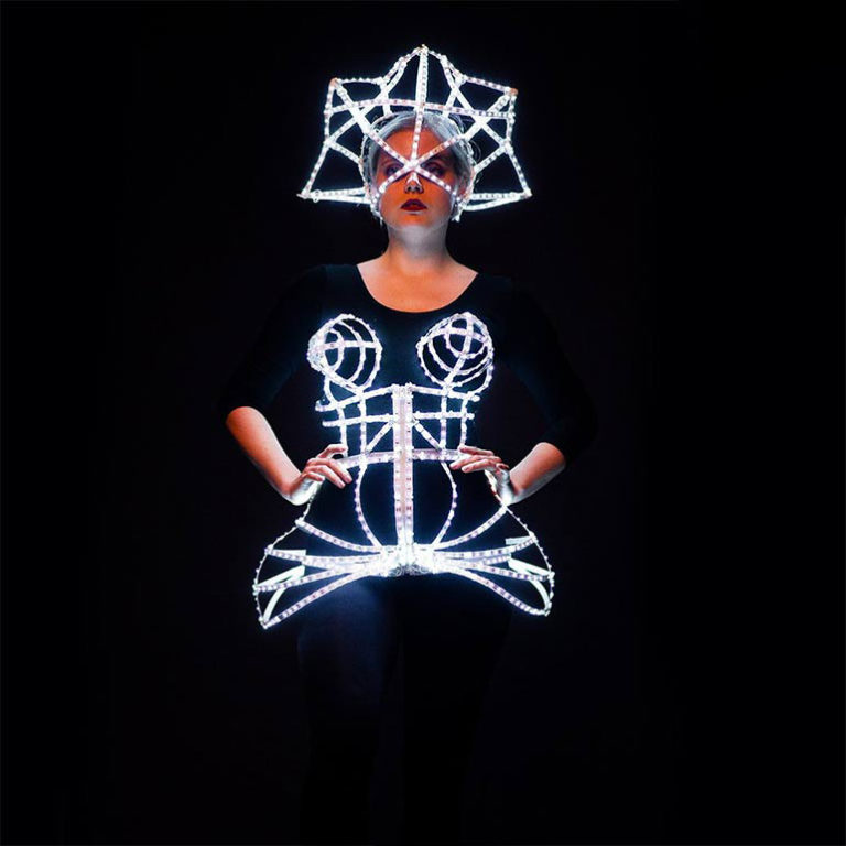 Rave LED light up White Cage dress + Crown outfit _C34-1