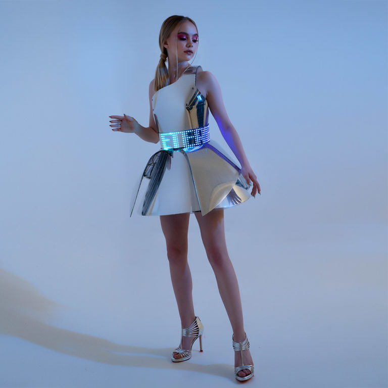 One Shoulder LED Dress mini with mirrored plastic coverage, ETERE