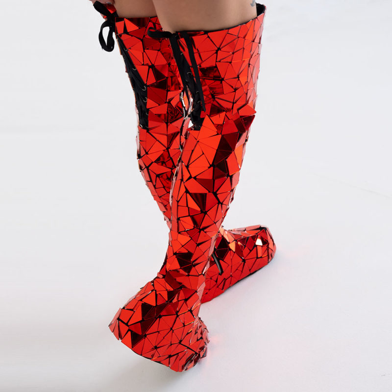 Festival wear custom rave glitter sparkly red mirror shoes high boots