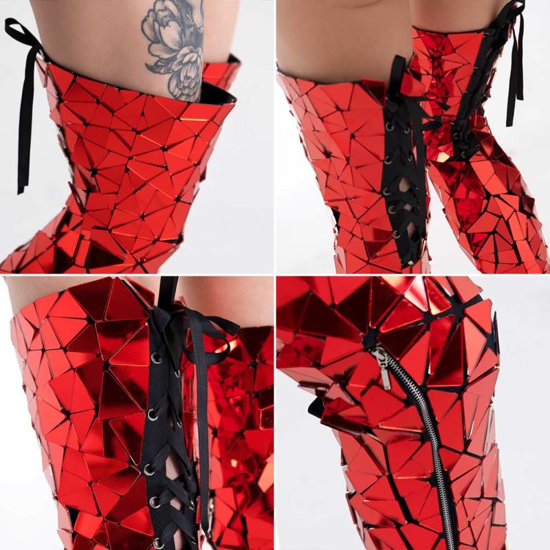 Festival wear custom rave glitter sparkly red mirror shoes high boots