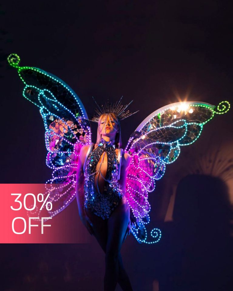 large Silver Mirror Butterfly Wings costume with 944 LEDs for adults