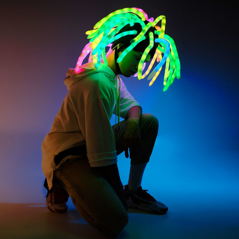LED mirror mask with moving feathers to Order - by ETERESHOP