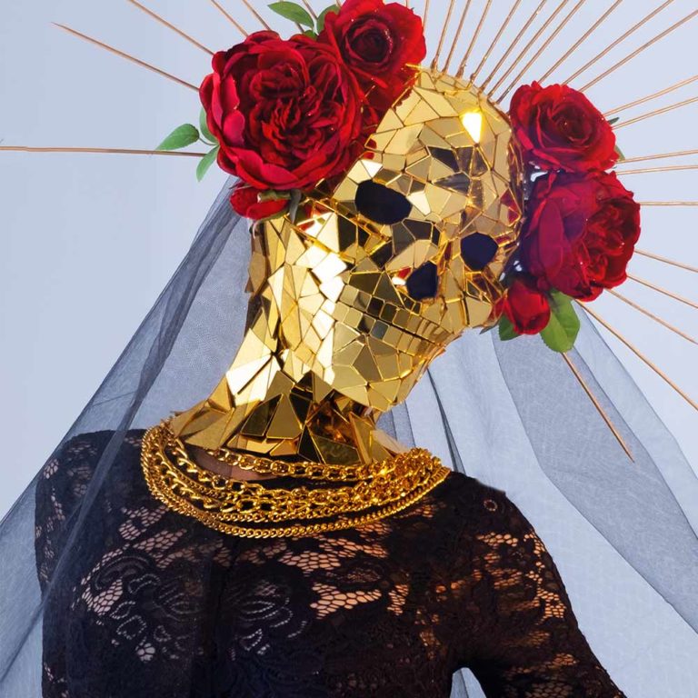 Golden Skull face mirror mask for artists performing on stage