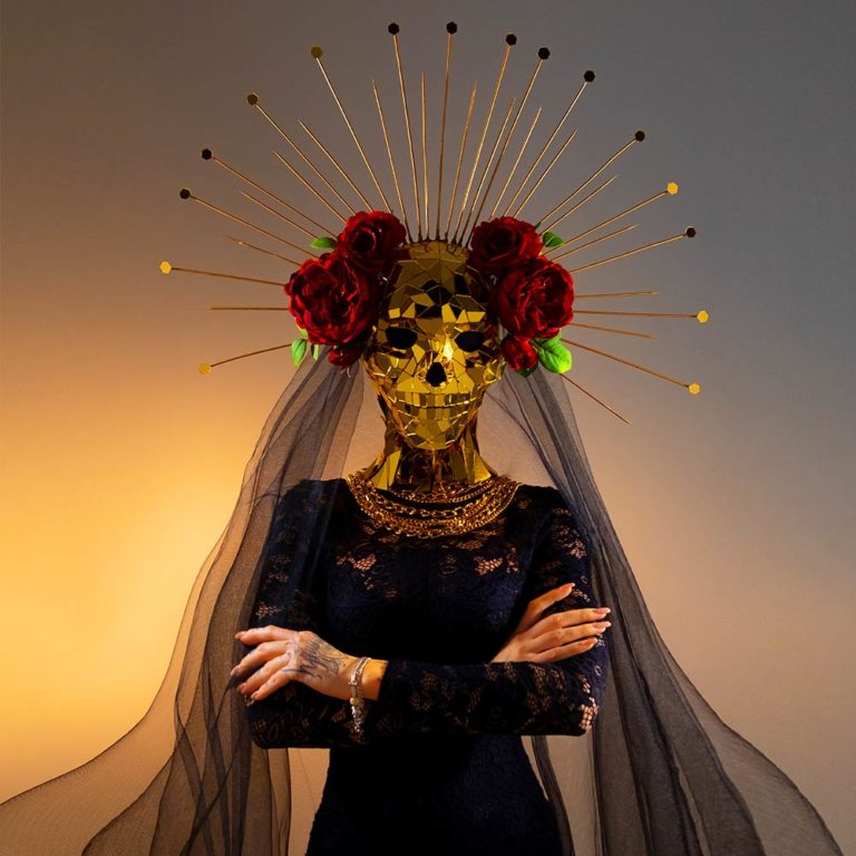 Golden Skull face mirror mask for artists performing on stage