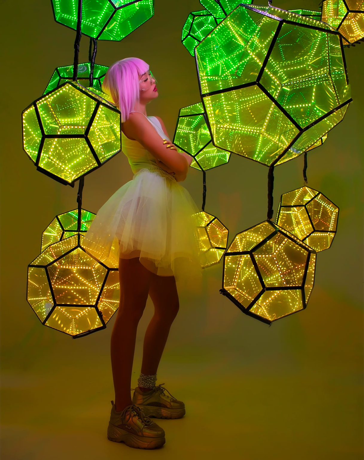 LED Infinity Mirror Dodecahedron Installation, large LED Cube decoration