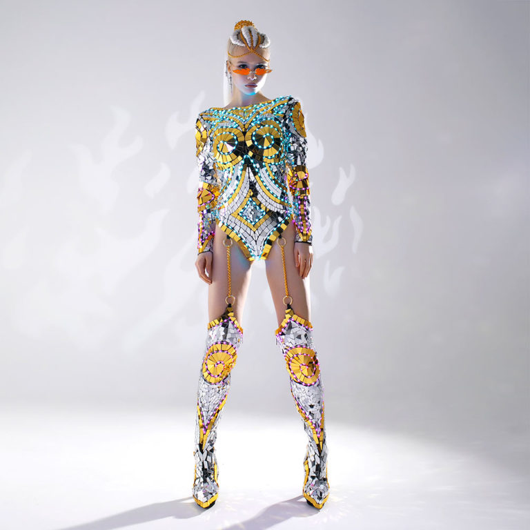 LED Silver and Gold Mirror Dance Outfit with Chains - by Etereshop
