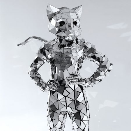 Mirror silver cat costume with a 3D mask for meeting guests
