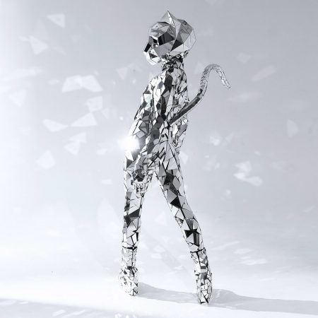 Mirror silver cat costume with a 3D mask for meeting guests