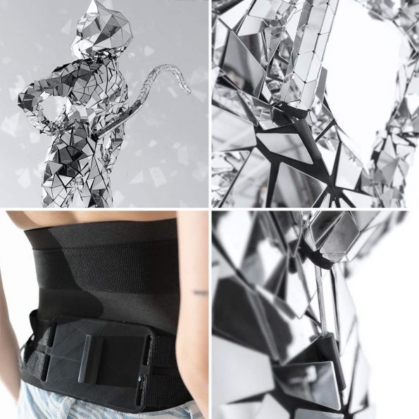 Mirror silver cat costume with a 3D mask for meeting guests