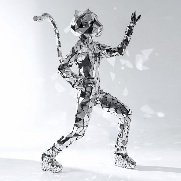 Mirror silver cat costume with a 3D mask for meeting guests