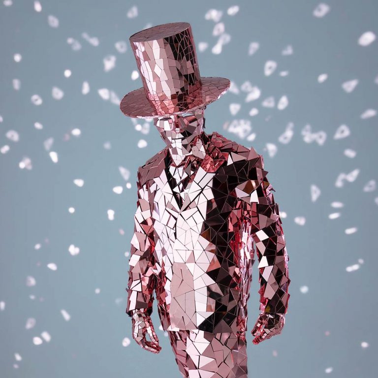 Pink Mirror Man costume with mirror hat for performances