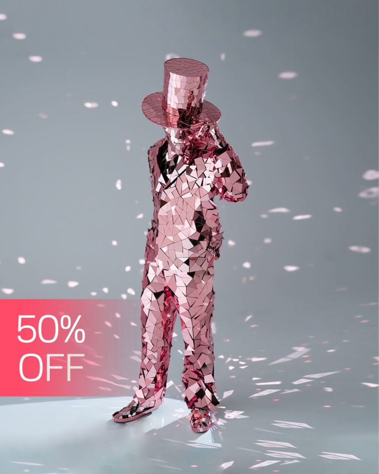 Pink Mirror Man costume with mirror hat for performances