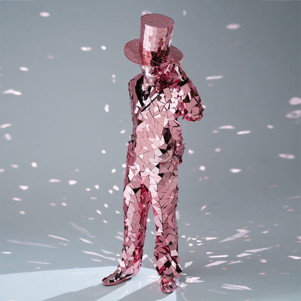 Pink Mirror Man costume with mirror hat for performances