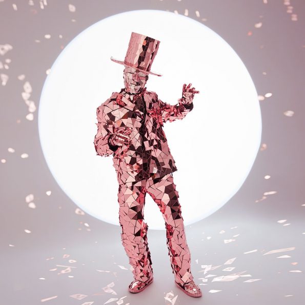 Pink Mirror Man costume with mirror hat for performances