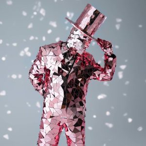 Pink Mirror Man costume with mirror hat for performances