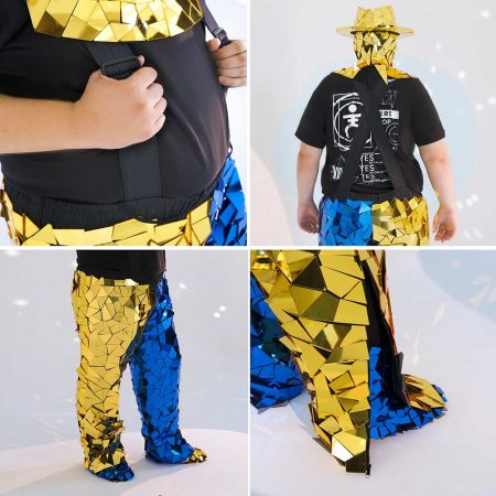 Yellow and blue Mirror Man costume with broken mirror tiles