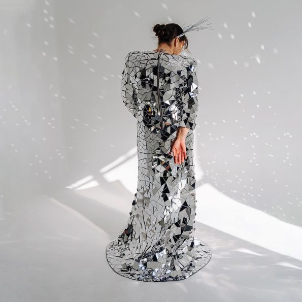 Silver Long Mirror Evening Dress with mirror train and disco ball effect