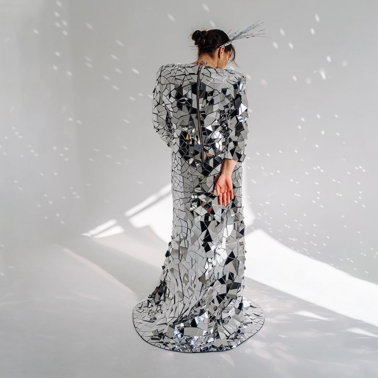 Silver Long Mirror Evening Dress with mirror train and disco ball effect