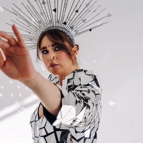 Silver Long Mirror Evening Dress with mirror train and disco ball effect