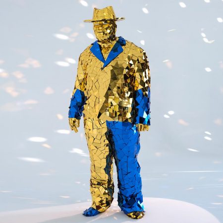 Yellow and blue Mirror Man costume with broken mirror tiles