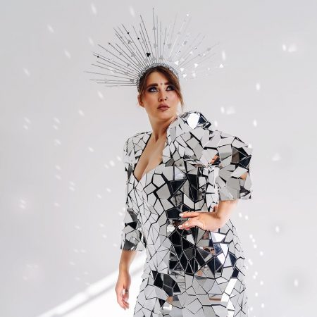 Silver Long Mirror Evening Dress with mirror train and disco ball effect