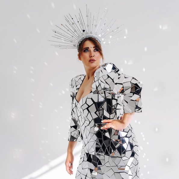 Silver Long Mirror Evening Dress with mirror train and disco ball effect