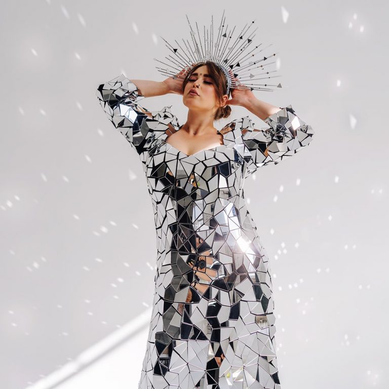 Silver Long Mirror Evening Dress with mirror train and disco ball effect