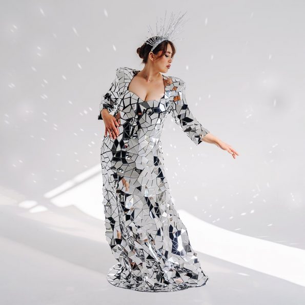 Silver Long Mirror Evening Dress with mirror train and disco ball effect