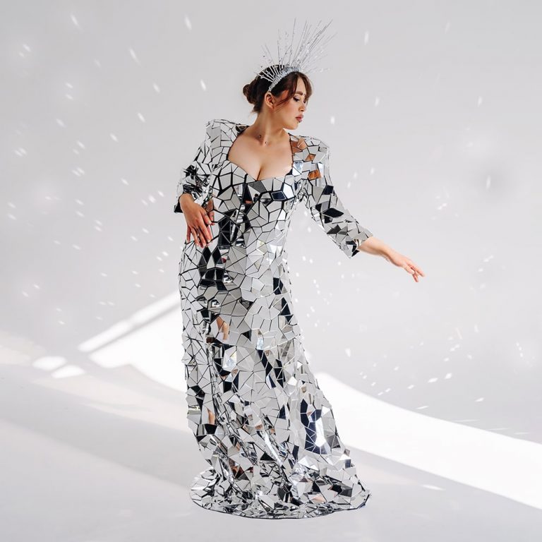 Silver Long Mirror Evening Dress with mirror train and disco ball effect