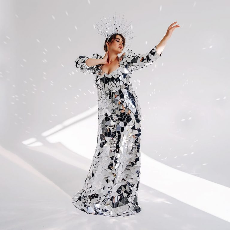 Silver Long Mirror Evening Dress with mirror train and disco ball effect