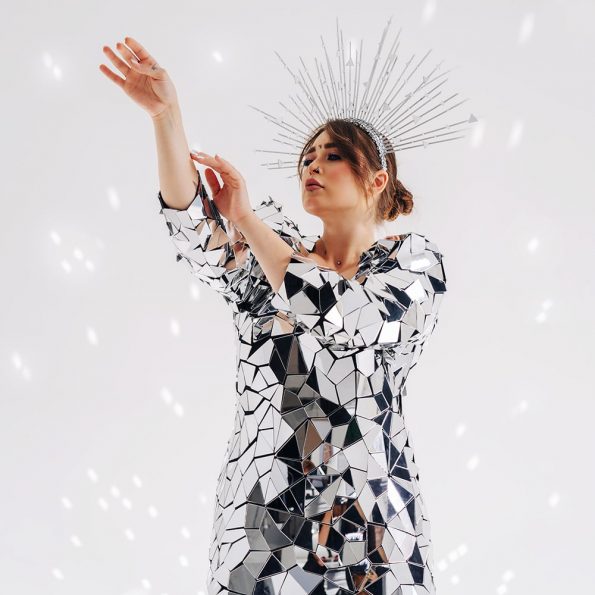 Silver Long Mirror Evening Dress with mirror train and disco ball effect