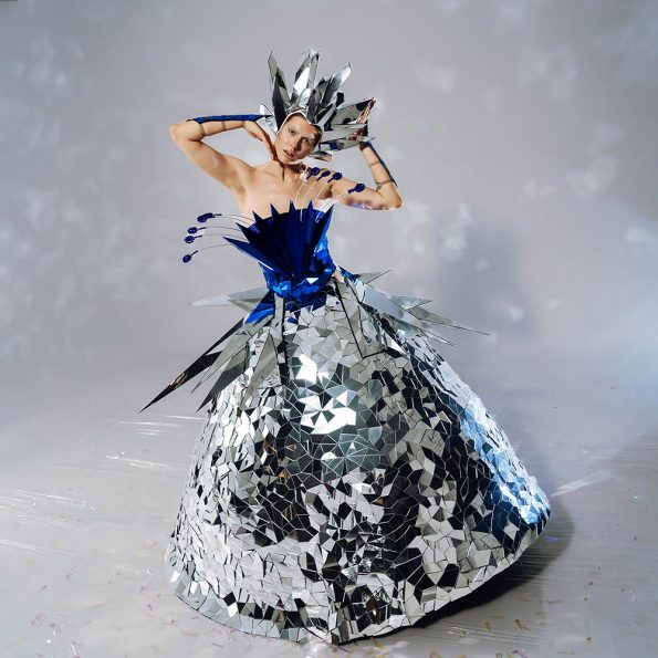 Silver Long Mirror Evening Dress with disco ball effect
