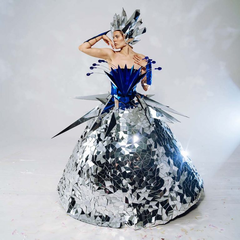 Silver Long Mirror Evening Dress with disco ball effect