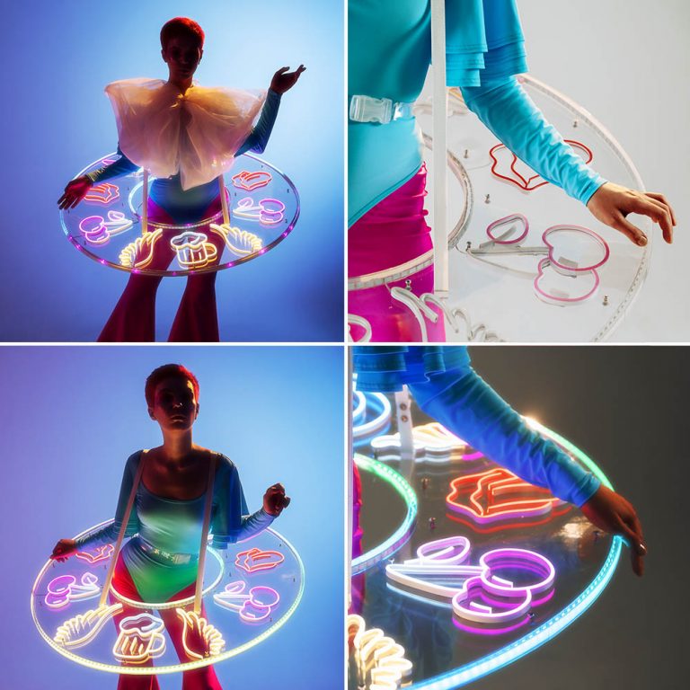Led Neon strolling table costume to meet and entertain guests