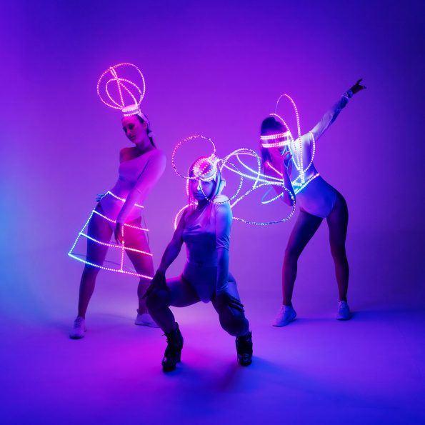 Women's LED Light up dance cage suit with led wings and led crown