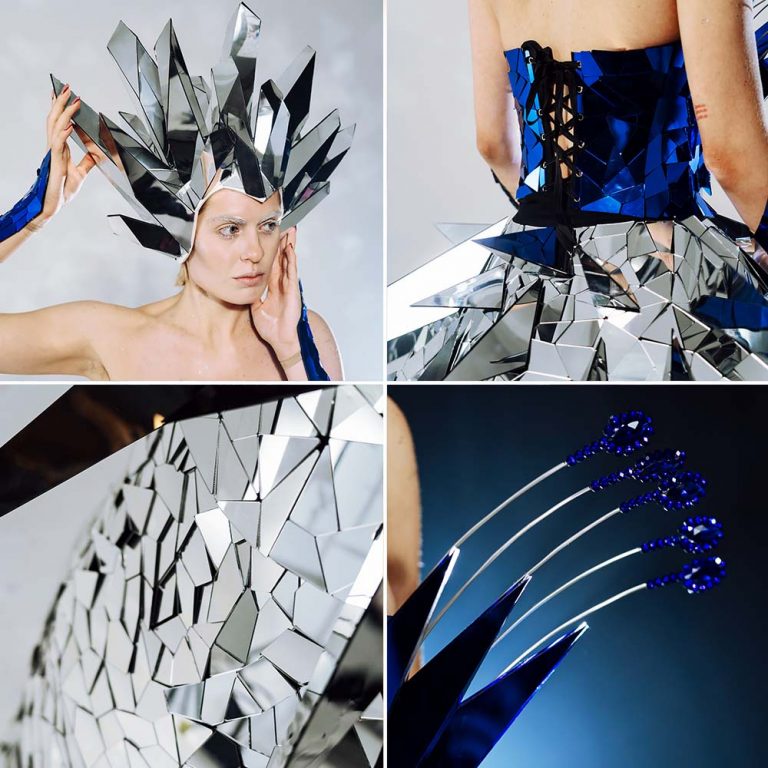 Silver Long Mirror Evening Dress with disco ball effect