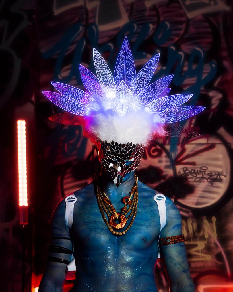 LED mirror mask with moving feathers to Order - by ETERESHOP