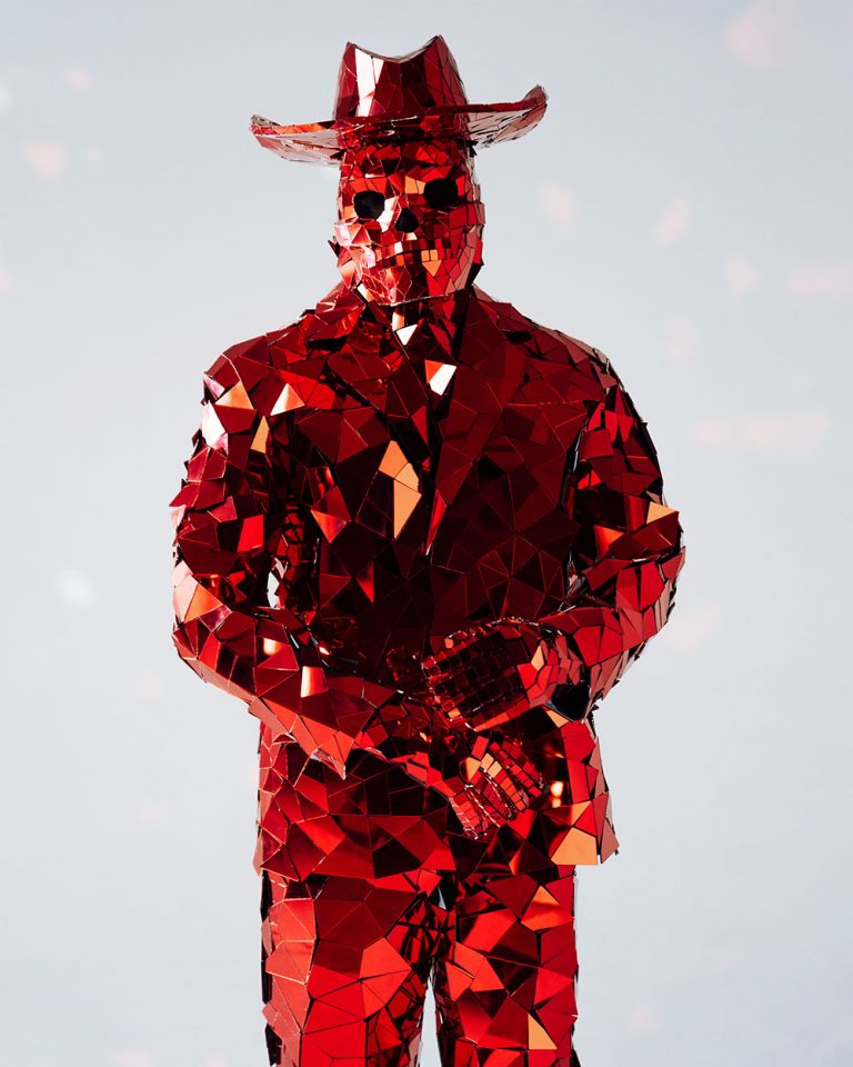 Red Mirror Man Cowboy Costume with Disco Ball Effec