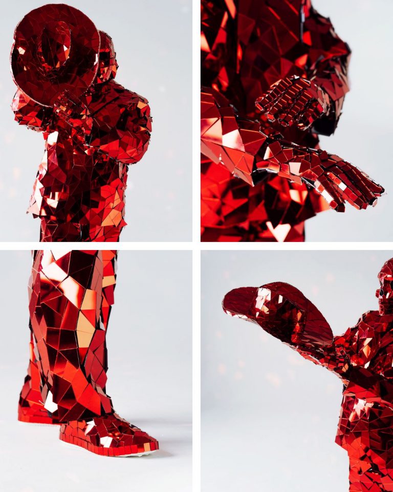 Red Mirror Man Cowboy Costume with Disco Ball Effec