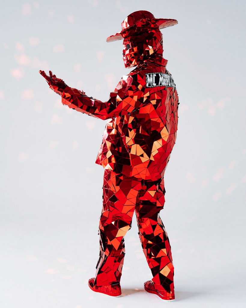 Red Mirror Man Cowboy Costume with Disco Ball Effec
