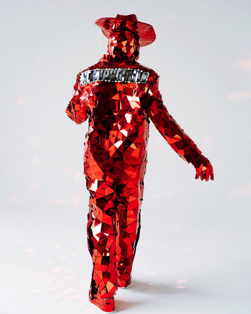 Red Mirror Man Cowboy Costume with Disco Ball Effec