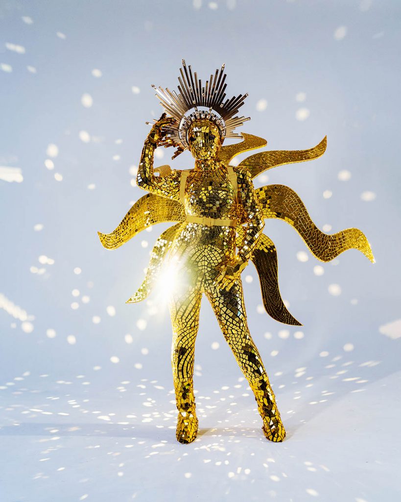 Carnival Costume Sun made of Gold Mirror with Disco Ball Effect